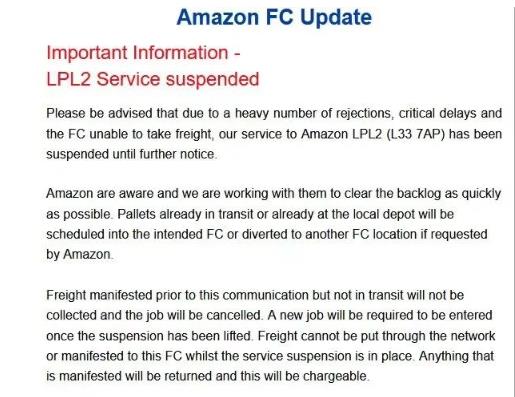 亚马逊英国LPL2仓库暂时关闭，派送将受影响（Amazon LPL2目前卡车派送处于无法预约状态）-百运网