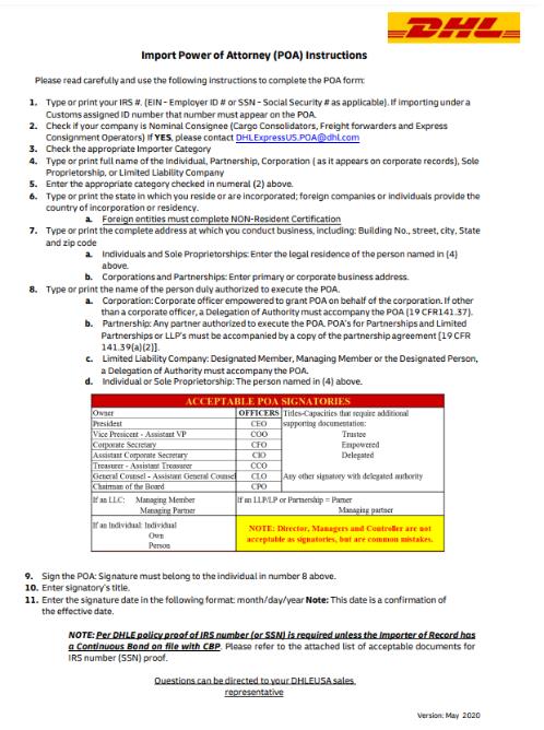 DHL美国进口授权书（DHL国际快递清关授权书）-百运网